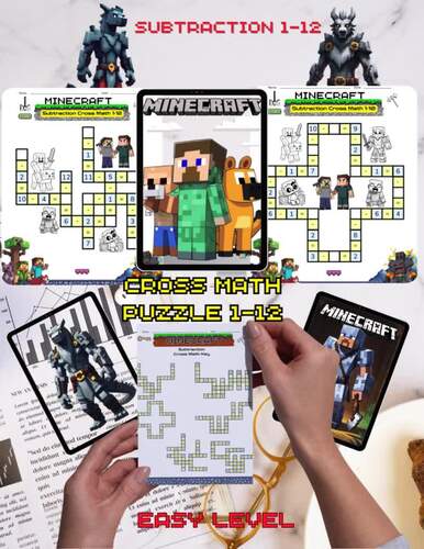 Cross Math Puzzle Part#1 : Subtraction 1-12 Worksheet with Minecraft Theme