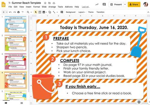 Editable Morning Work Presentation Google Slides PPT Templates | Summer ...