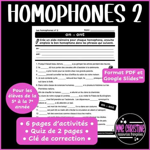 French Homophones Les homophones #2 - 6 activités 1 quiz avec clé de ...