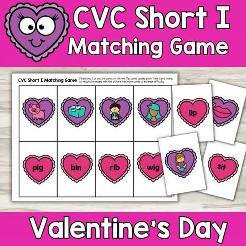 Valentine's Day CVC Short I Matching Game Kinder 1st 2nd Grade Phonics ...