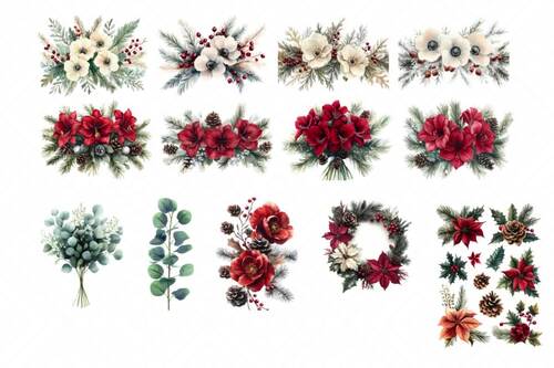 Christmas New Year Florals Clipart Mega Bundle | 101 Transparent PNG Images