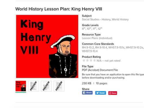 World History Lesson Plan: King Henry VIII by Social Studies Studio