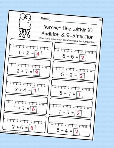 Ocean Animals Addition & Subtraction Within 10 Number Line Worksheets K-1