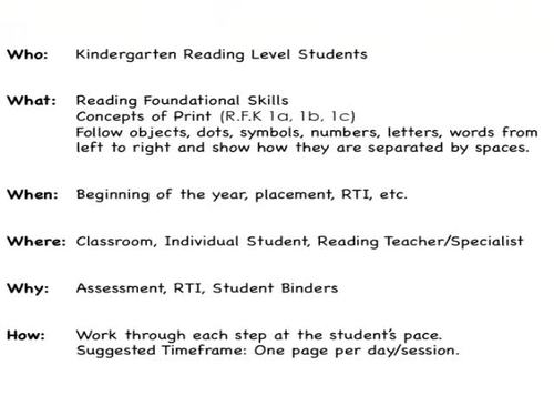 1:1 Correspondence - Print Awareness - Early Literacy Assessment