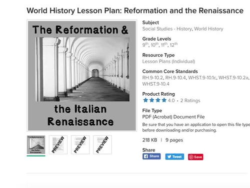 World History Lesson Plan: Reformation and the Renaissance | TPT
