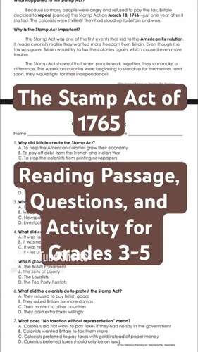 The Stamp Act: Reading Passage, Comprehension Questions, and Hands-On ...