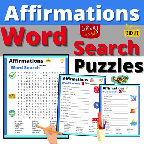 Affirmations Word Search Puzzles Vocabulary Mental Health SEL No Prep