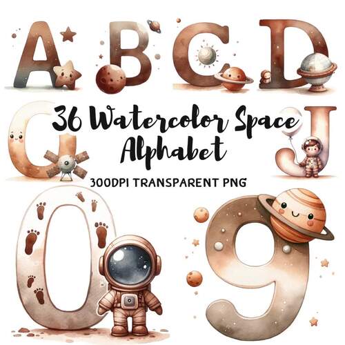 Watercolor Space Alphabet Clipart - 36 Transparent PNG Files by Hikari Mori
