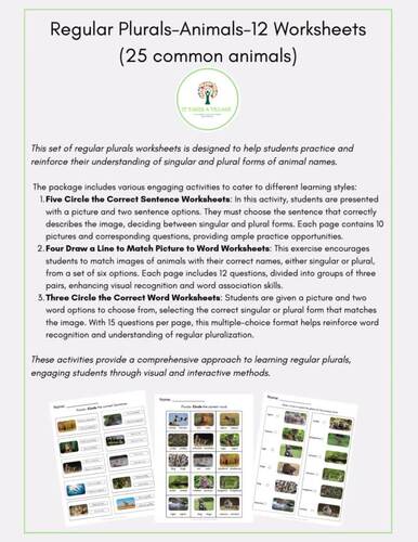 Regular Plurals-Animals Worksheet Set (25 common animals) (ABLLS-R J5)