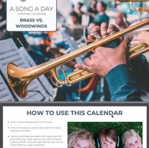 BRASS & WOODWIND Listening Calendar with 30 days of songs and activities