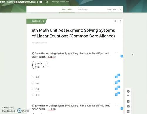 8th Math Unit 7B Google Quiz (Common Core Only)- Systems of Equations