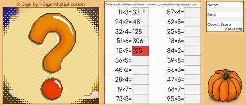 4th Grade Multiplication 4.NBT.B.5 Thanksgiving Mystery Picture Pixel ...