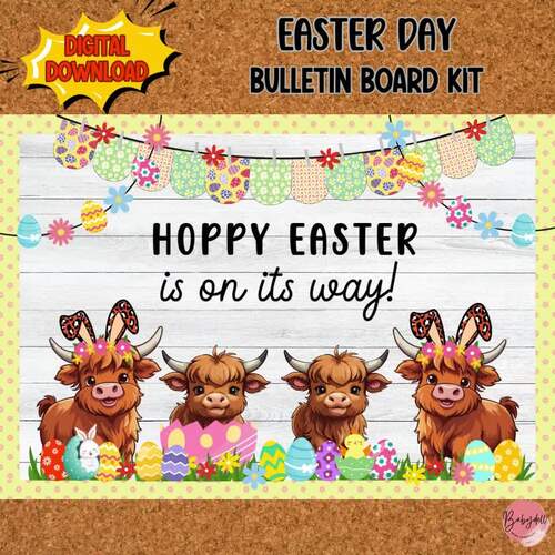 Easter Bulletin Board Highland Cow Door Decorations Spring Cow ...