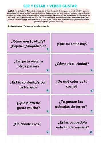 SER, ESTAR AND GUSTAR CONVERSATION CARDS SPEAKING PRACTICE PRÁCTICA ORAL