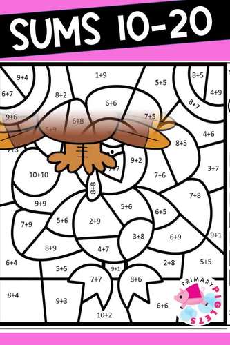 THANKSGIVING TURKEY COLOR BY NUMBER CODE ADDITION FACTS SUMS 10 TO 20