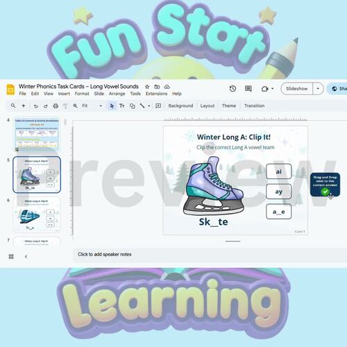 Winter Long Vowels Phonics Task Cards - 100 Google Slides - K, 1st, 2nd ...