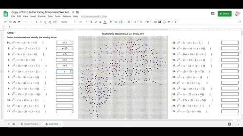 Google Sheets Digital Pixel Art Math Intro to Factoring Trinomials a=1