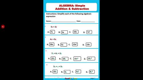 Math Addition and Subtraction Algebra Activity Numbers Variable by TeachDEZway