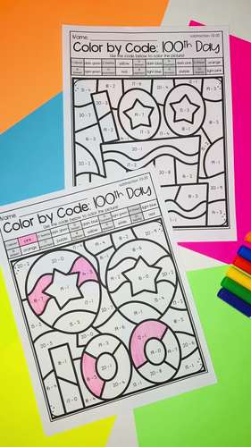 Color by Code: 100th Day Color by Number Activity for Subtraction