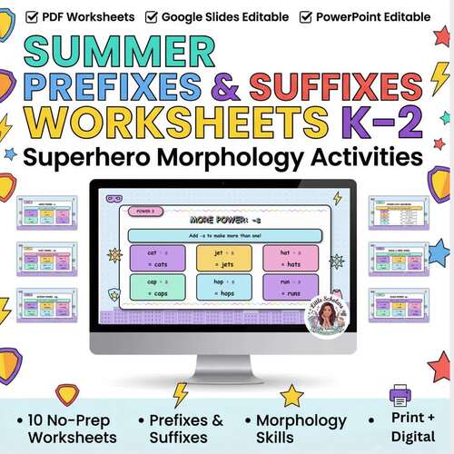 Summer Prefixes & Suffixes Worksheets K-2 Morphology Packet Superhero ...