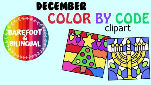 December Color by Code Clipart - Christmas, Hanukkah, Kwanzaa, Gingerbread