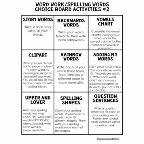 Spelling Activities Choice Boards - Word Work Activities for ANY LIST ...