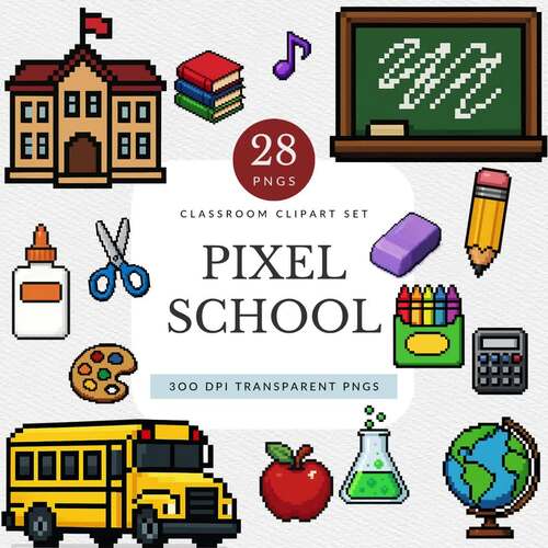 Pixel School Clipart | Retro Digital Classroom Icons for Worksheets ...