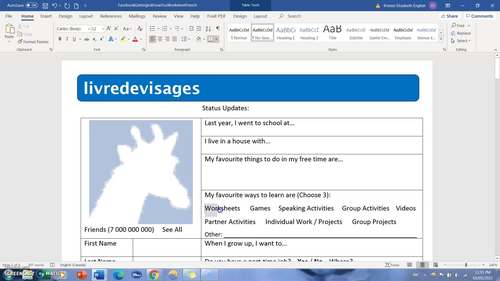 Adaptable Facebook Getting to Know You Worksheet for French Classes