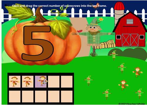 Subitizing Ten Frames with Scarecrows Boom Cards by Teacher's Pride