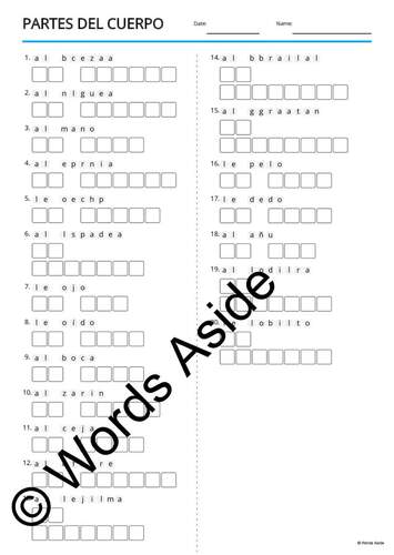 Spanish Word Games Copy Crossword Word Search Anagram BODY PARTS by ...
