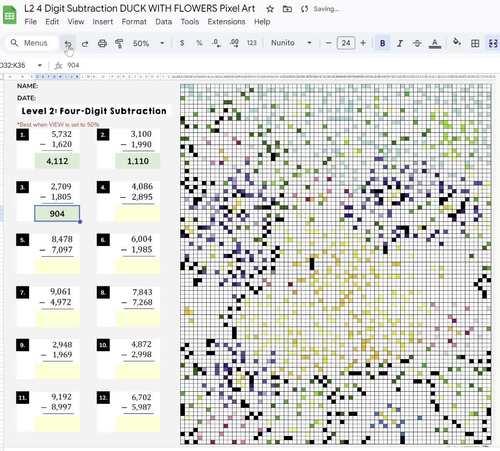 4 Digit Subtraction with Regrouping Digital Pixel Art Math Activity
