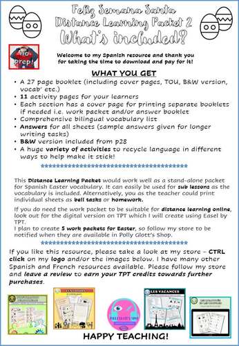 Spanish Semana Santa Easter Work Packet 2 ≌7th grade by Polly Glott's Shop