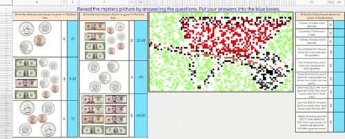 Digital Math Pixel Art Mystery Picture 3rd Grade TEKS 3.4.C - Money