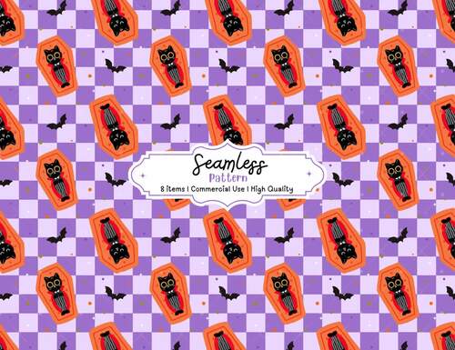 Vampurr Halloween Seamless Pattern, Cat in Coffin, Cat Vampire Digital ...