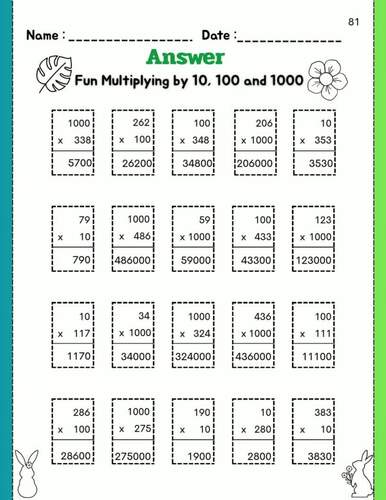 Multiplying by 10 100 1000 worksheets fun and easy learning! by Sompornu