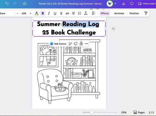 Summer Reading Log: Customizable Poster: 25 Book Challenge Tracker