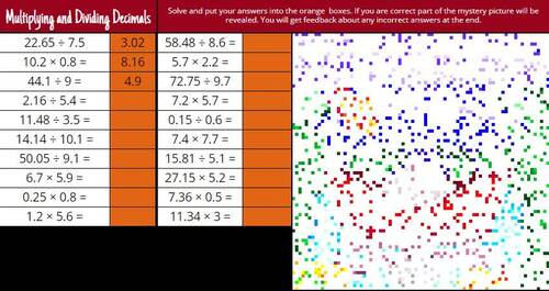 Multiplying and Dividing Decimals Thanksgiving Fall 5th Math Pixel Art ...