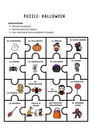 Halloween Puzzle in Spanish | Puzzle de Halloween | Spanish Vocabulary ...