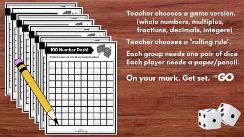 100 Number Dash Game; Ones, Tens, Hundreds AND Fractions Decimals FUN!