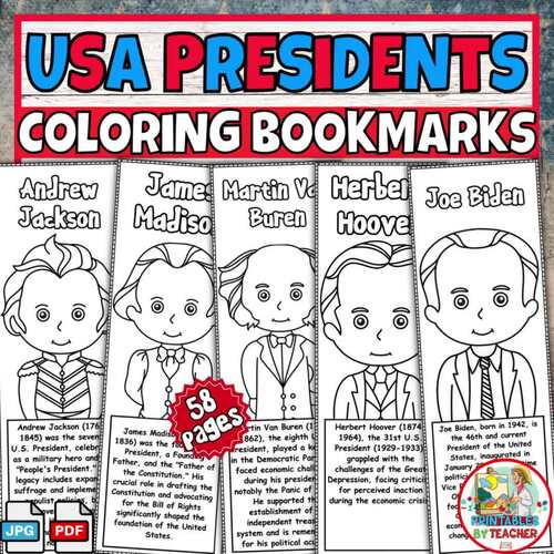 45 USA Presidents coloring bookmarks | President's Day Craft Activity ...