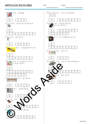 Spanish Vocabulary Worksheet Card Crossword Word Search Anagram SCHOOL ...