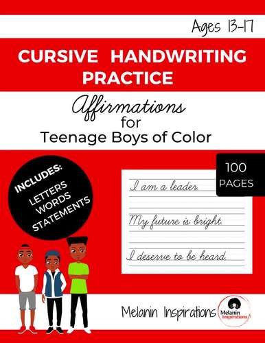 Cursive Handwriting Practice Book w/ Affirmations for Teen Boys Ages 13-17