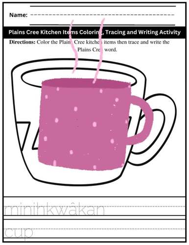 Plains Cree SRO Kitchen Items Coloring, Tracing and Writing No Prep