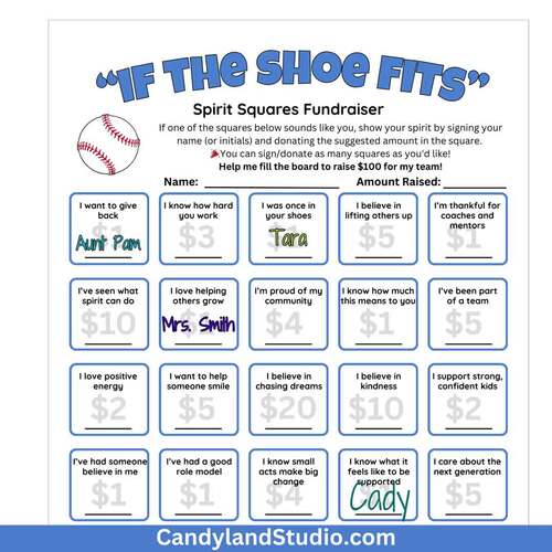 Baseball Team Easy No Prep Fundraiser, $100 Fill the Card "If the Shoe ...