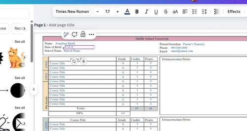 Middle School Transcript Template Editable Canva Template | TPT