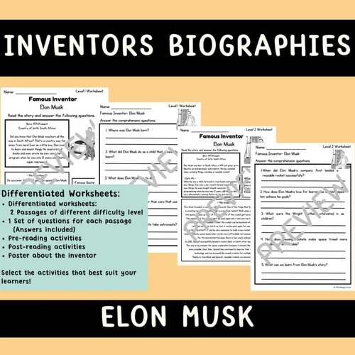 (INVENTORS) Elon Musk: Reading Comprehension Activities (Grades 1-3)