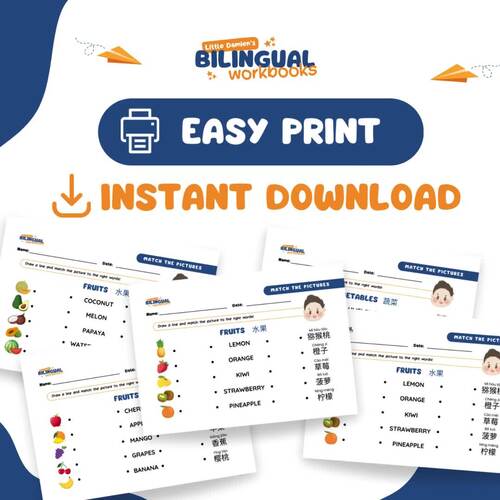 Bilingual Chinese-English Kids' Pictures to Words Matching Worksheet ...