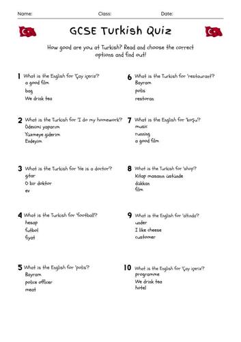 20 GCSE Foundation Level Turkish Multiple Choice Quiz Worksheets PDF