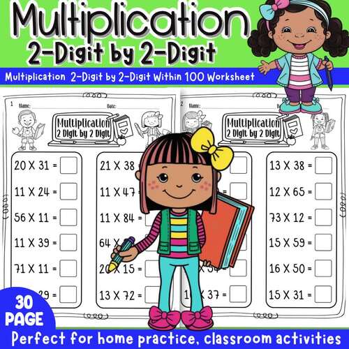 2-Digit by 2-Digit Multiplication Practice Worksheet, Math for Kids