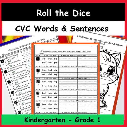 Roll the Dice – CVC Words & Sentences – K & 1 by readingwarmupsandmore